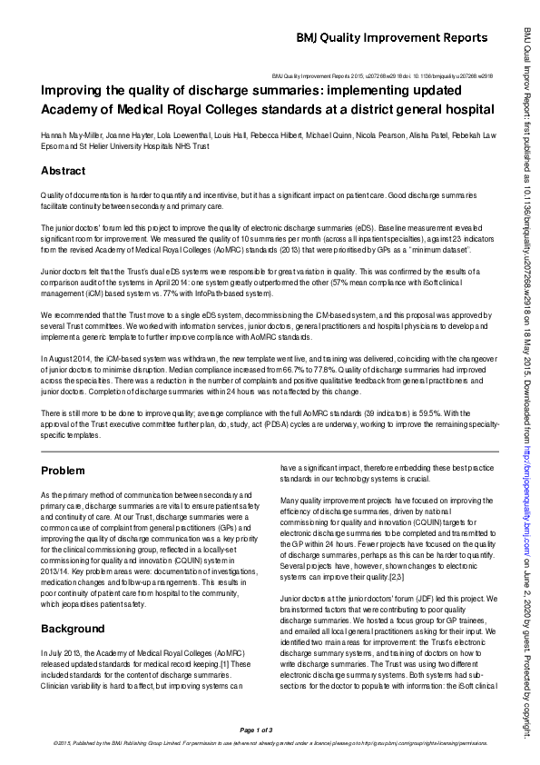 (PDF) Improving the quality of discharge summaries: implementing updated Academy of Medical ...