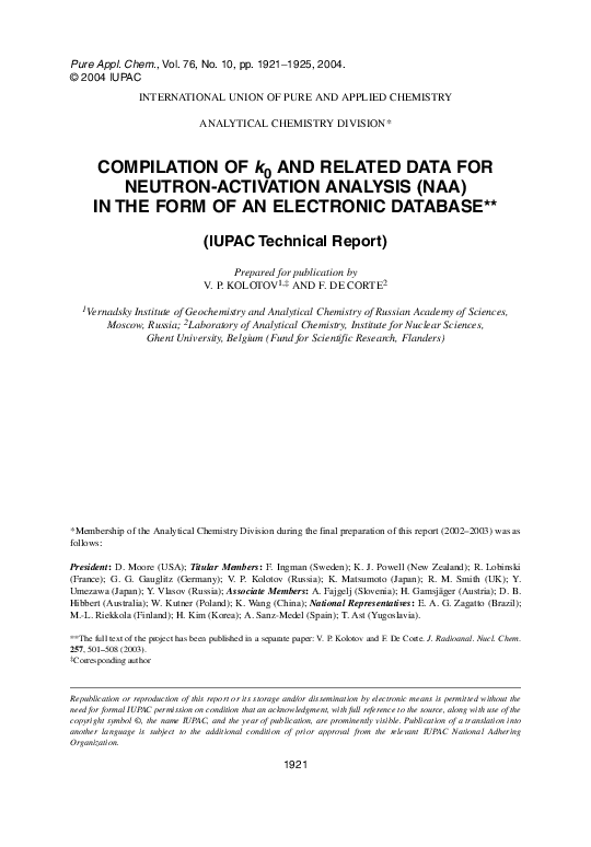 (PDF) Compilation of k0 and related data for NAA in the form of ...
