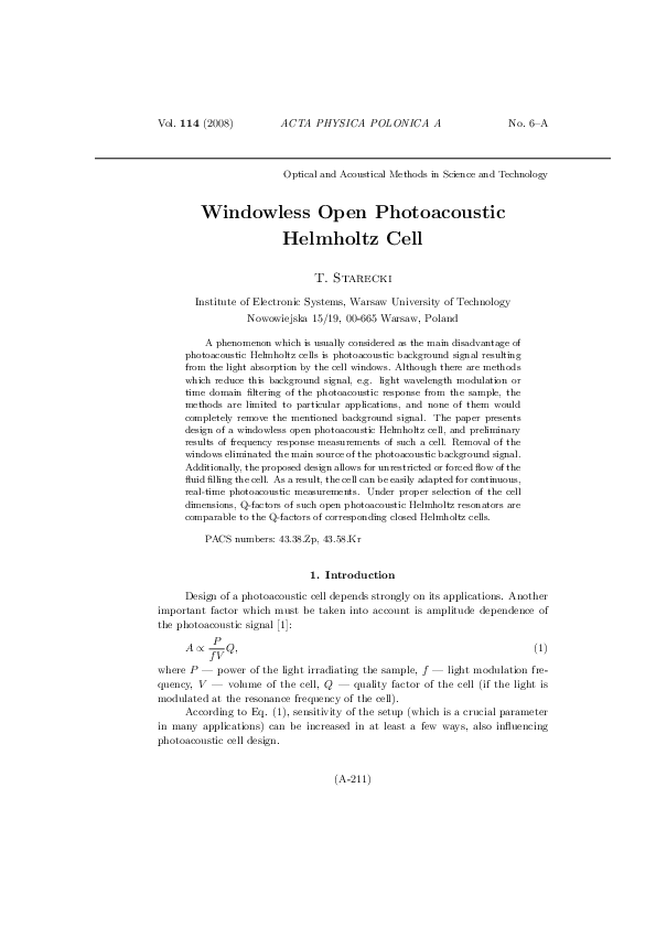 (PDF) Windowless Open Photoacoustic Helmholtz Cell