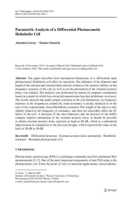 (PDF) Parametric Analysis of a Differential Photoacoustic Helmholtz Cell