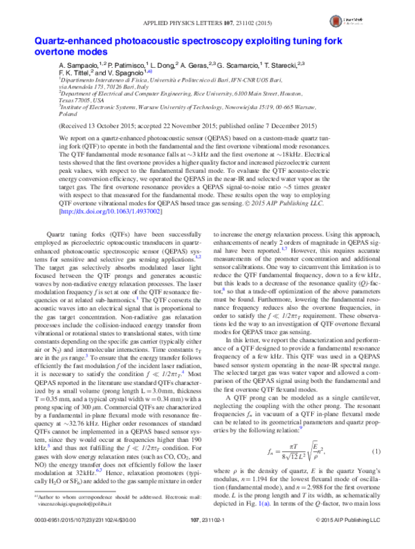 (PDF) Quartz-enhanced photoacoustic spectroscopy exploiting tuning fork overtone modes