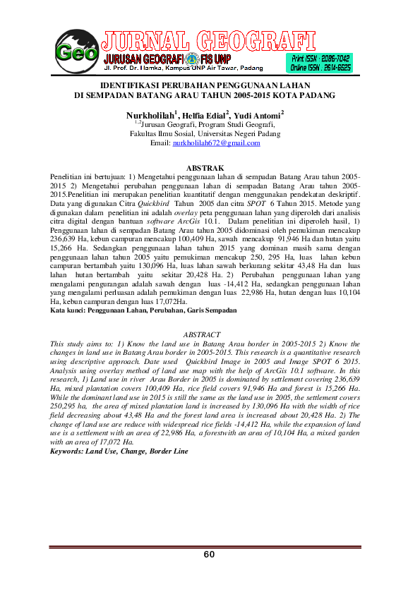 (PDF) Identifikasi Perubahan Penggunaan Lahan Disempadan Batang Arau Tahun 2005-2015 Kota Padang