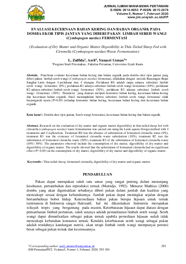 (PDF) Evaluasi Kecernaan Bahan Kering dan Bahan Organik pada Domba Ekor Tipis Jantan yang Diberi ...
