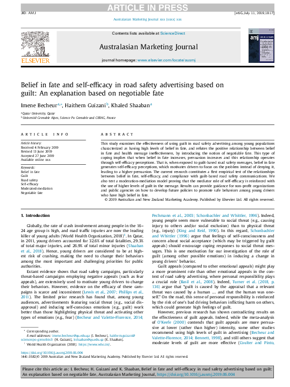 (PDF) Belief in Fate and Self-Efficacy in Road Safety Advertising Based ...