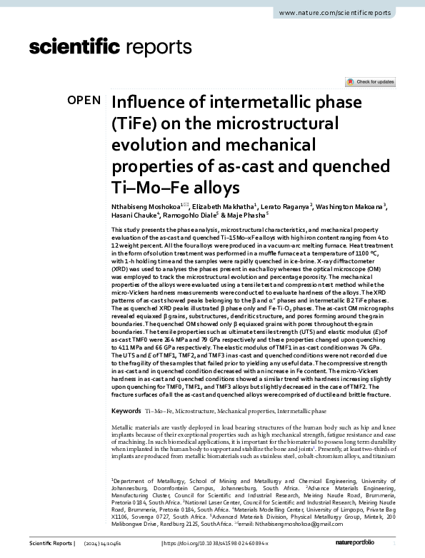 (PDF) Influence of intermetallic phase (TiFe) on the microstructural evolution and mechanical ...