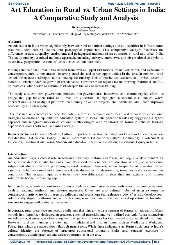 (PDF) Art Education in Rural vs. Urban Settings in India: A Comparative ...