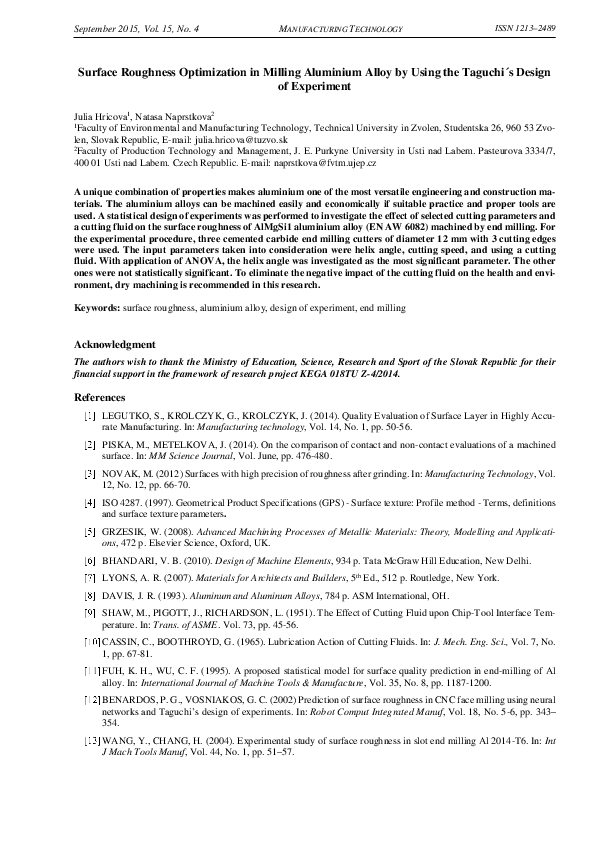 Pdf Surface Roughness Optimization In Milling Aluminium Alloy By Using The Taguchis Design Of