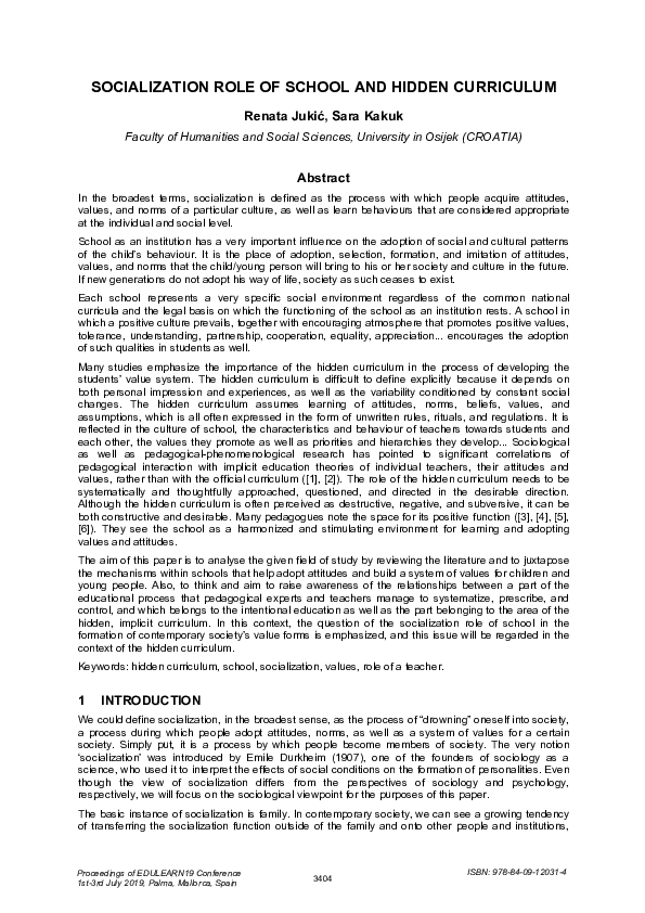 (PDF) Socialization Role of School and Hidden Curriculum