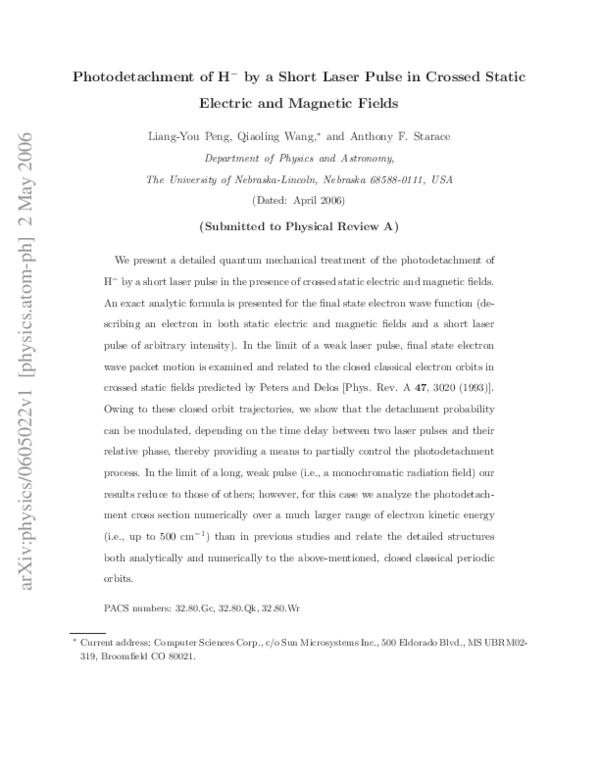 (PDF) Photodetachment ofH−by a short laser pulse in crossed static electric and magnetic fields
