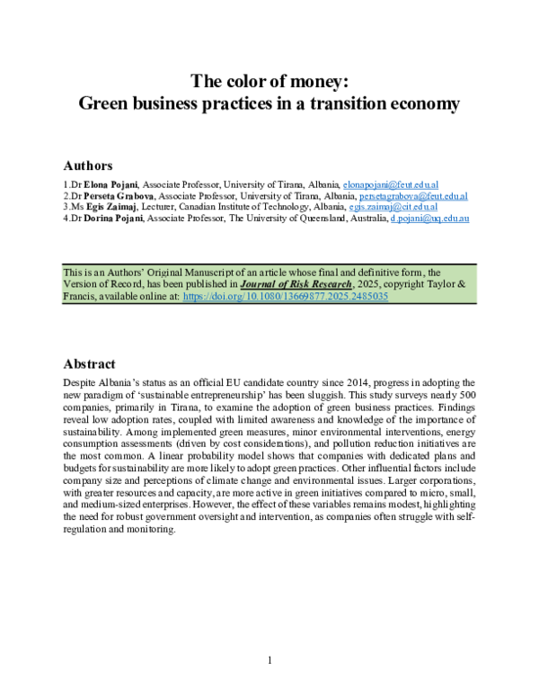 (PDF) The color of money: Green business practices in a transition economy
