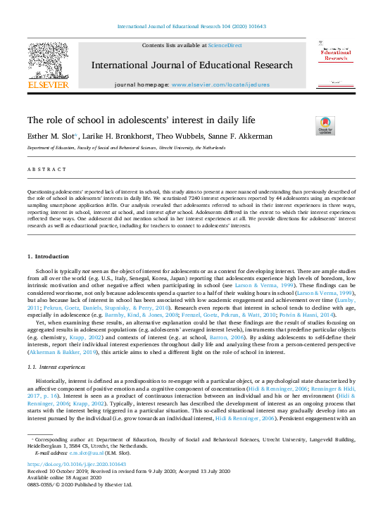 (PDF) The role of school in adolescents’ interest in daily life