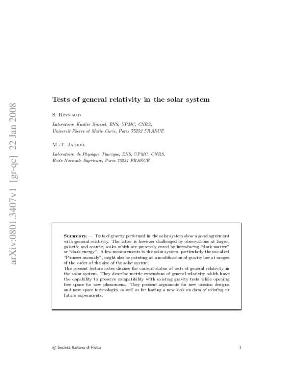 (PDF) Tests of general relativity in the solar system