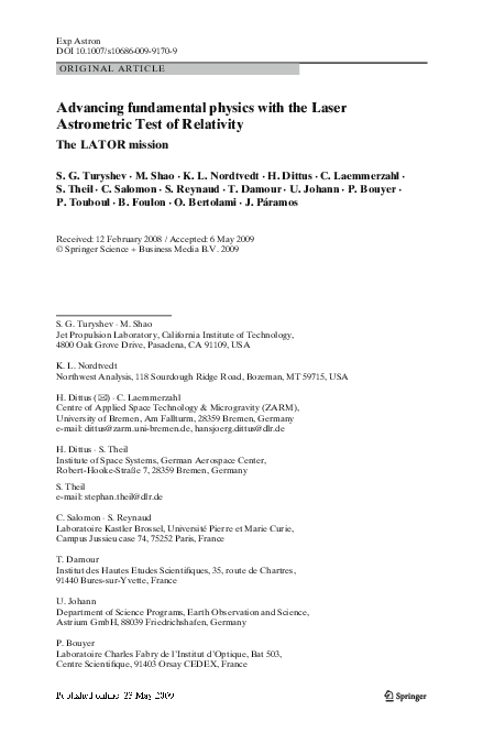 (PDF) Advancing fundamental physics with the Laser Astrometric Test of ...