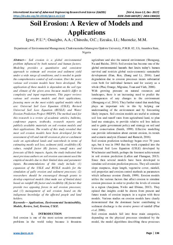 (PDF) Soil Erosion: A Review of Models and Applications