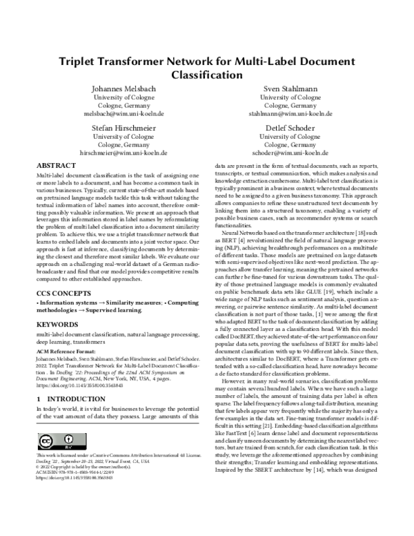 (PDF) Triplet transformer network for multi-label document classification