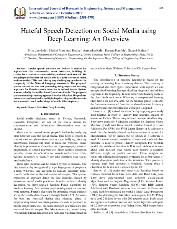 (PDF) Hateful Speech Detection on Social Media using Deep Learning : An Overview