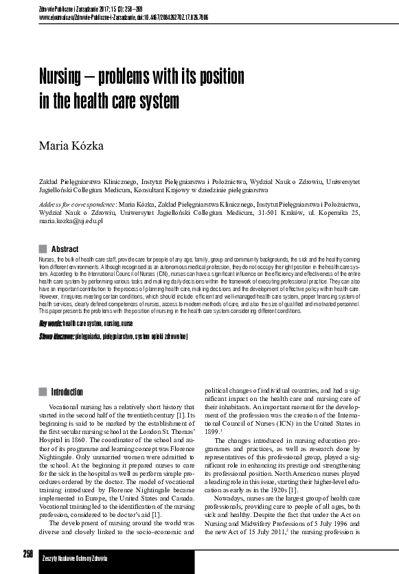 (PDF) Nursing – problems with its position in the health care system