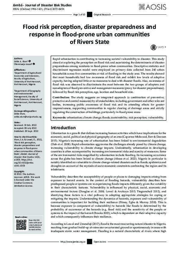 (PDF) Flood risk perception, disaster preparedness and response in ...