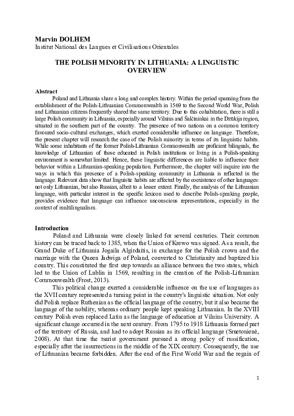 (PDF) The Polish Minority in Lithuania: A Linguistic Overview