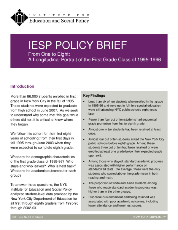 (PDF) From One to Eight: A Longitudinal Portrait of the First Grade Class of 1995-1996. IESP ...