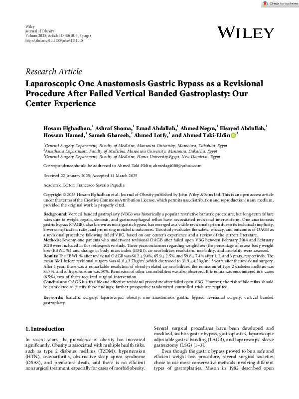 (PDF) Laparoscopic One Anastomosis Gastric Bypass as a Revisional ...
