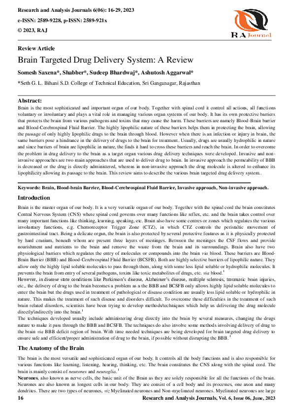 (PDF) Brain Targeted Drug Delivery System: A Review