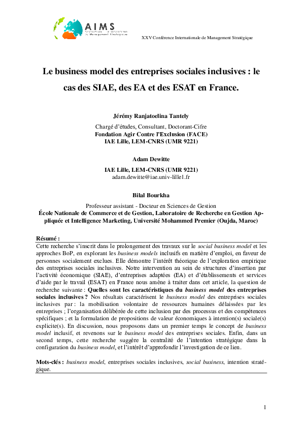 (PDF) Le business model des entreprises sociales inclusives : le cas ...