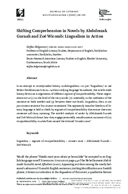 (PDF) Shifting Comprehension in Novels by Abdulrazak Gurnah and Zoë ...