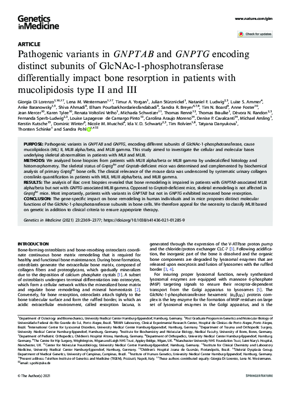 (PDF) Pathogenic variants in GNPTAB and GNPTG encoding distinct ...