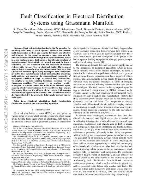 (PDF) Fault Classification in Electrical Distribution Systems using Grassmann Manifold
