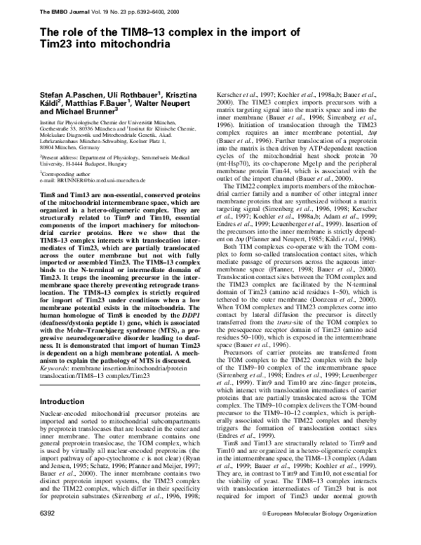 (PDF) The role of the TIM8-13 complex in the import of Tim23 into ...