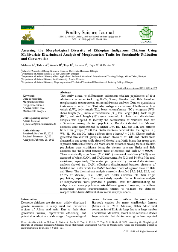 (PDF) Assessing the Morphological Diversity of Ethiopian Indigenous Chickens Using Multivariate ...