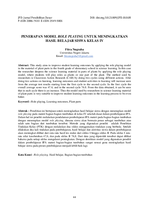 (PDF) Penerapan Model Role Playing Untuk Meningkatkan Hasil Belajar Siswa Kelas IV Sekolah Dasar