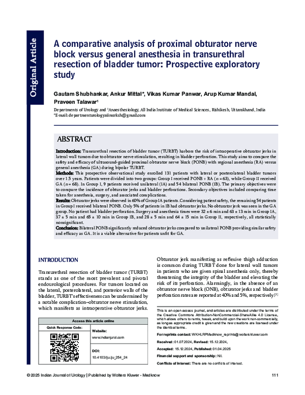 Pdf A Comparative Analysis Of Proximal Obturator Nerve Block Versus