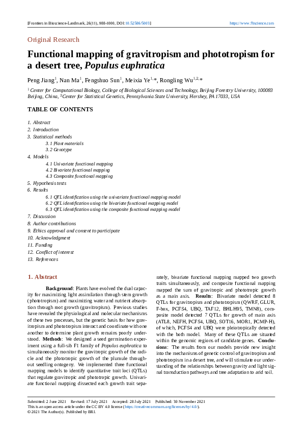 (PDF) Functional mapping of gravitropism and phototropism for a desert tree, Populus euphratica
