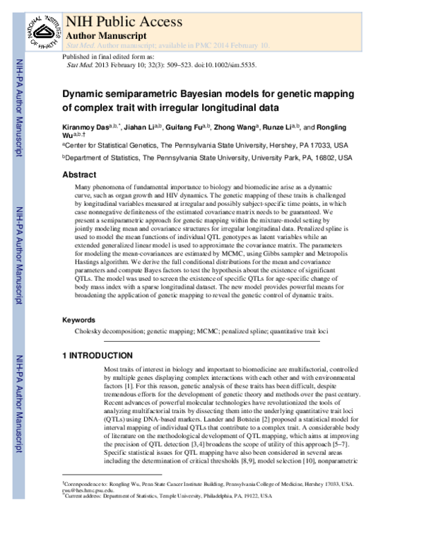(PDF) Dynamic semiparametric Bayesian models for genetic mapping of complex trait with irregular ...