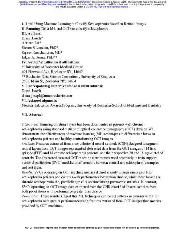 (PDF) Using Machine Learning to Classify Schizophrenia Based on Retinal Images