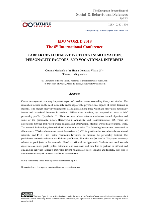 (PDF) Career Development In Students: Motivation, Personality Factors, And Vocational Interests