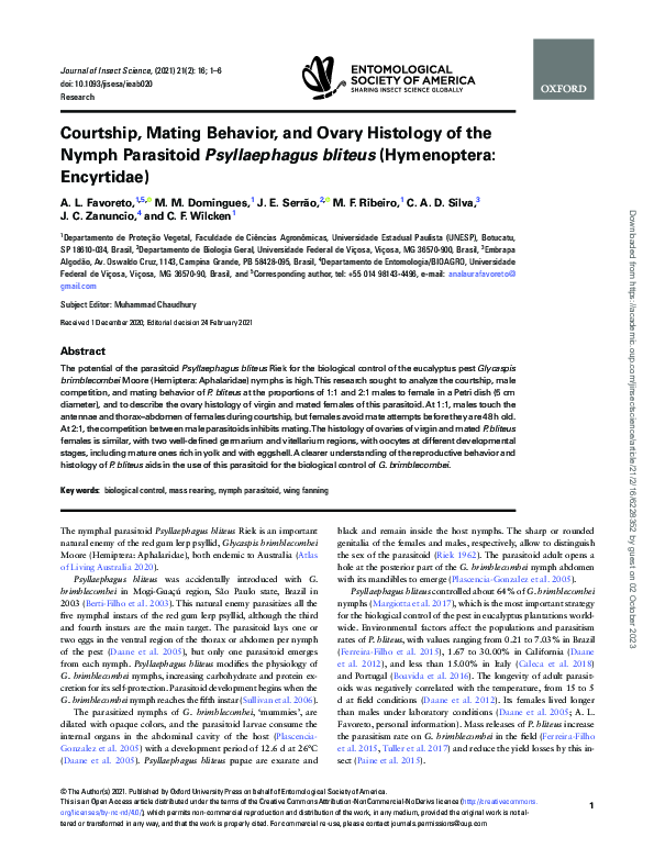 (PDF) Courtship, Mating Behavior, and Ovary Histology of the Nymph Parasitoid Psyllaephagus ...