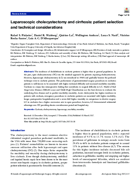 (PDF) Laparoscopic cholecystectomy and cirrhosis: patient selection and technical considerations