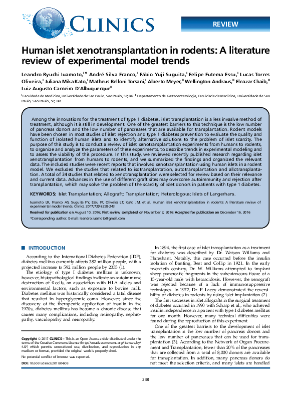 (PDF) Human islet xenotransplantation in rodents: A literature review ...