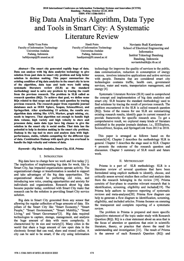 Pdf Big Data Analytics Algorithm Data Type And Tools In Smart City