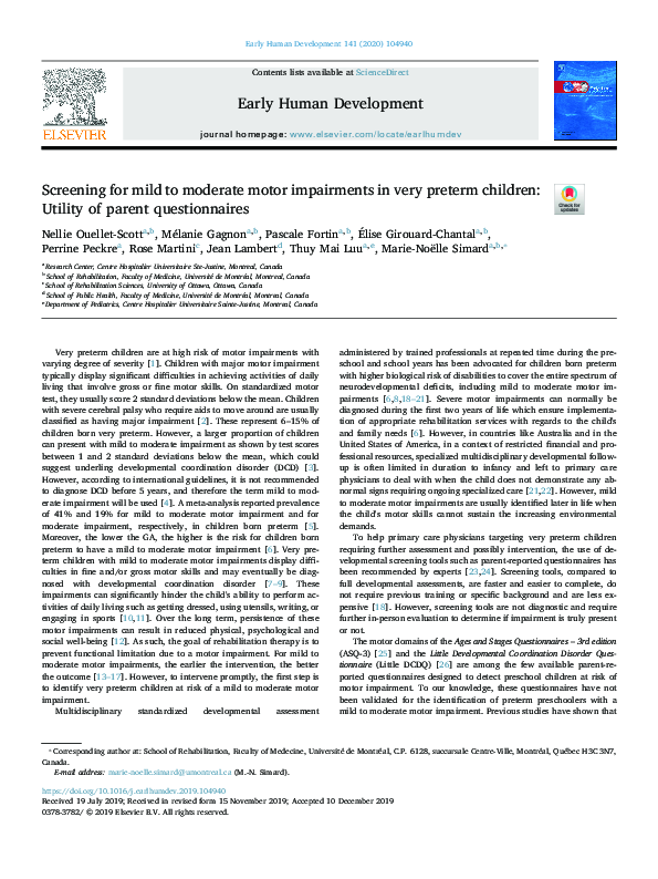 (PDF) Screening for mild to moderate motor impairments in very preterm ...