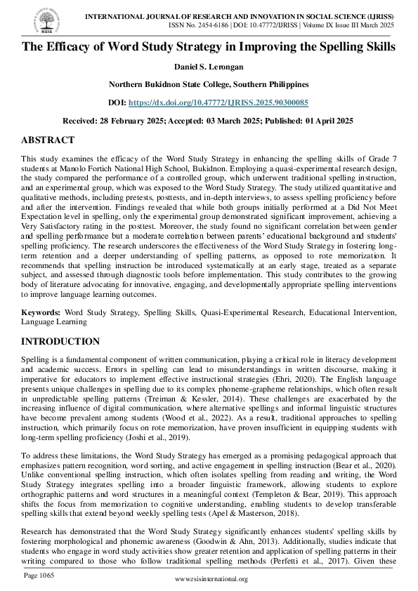 (PDF) The Efficacy of Word Study Strategy in Improving the Spelling Skills