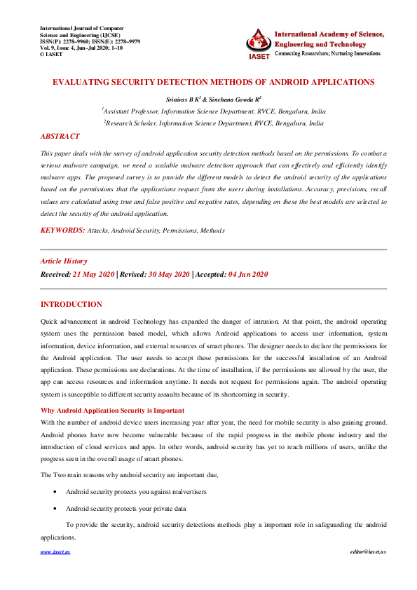 (PDF) EVALUATING SECURITY DETECTION METHODS OF ANDROID APPLICATIONS