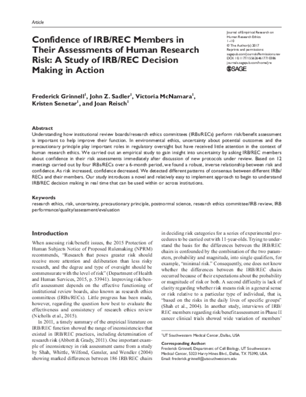 (PDF) Confidence of IRB/REC Members in Their Assessments of Human ...