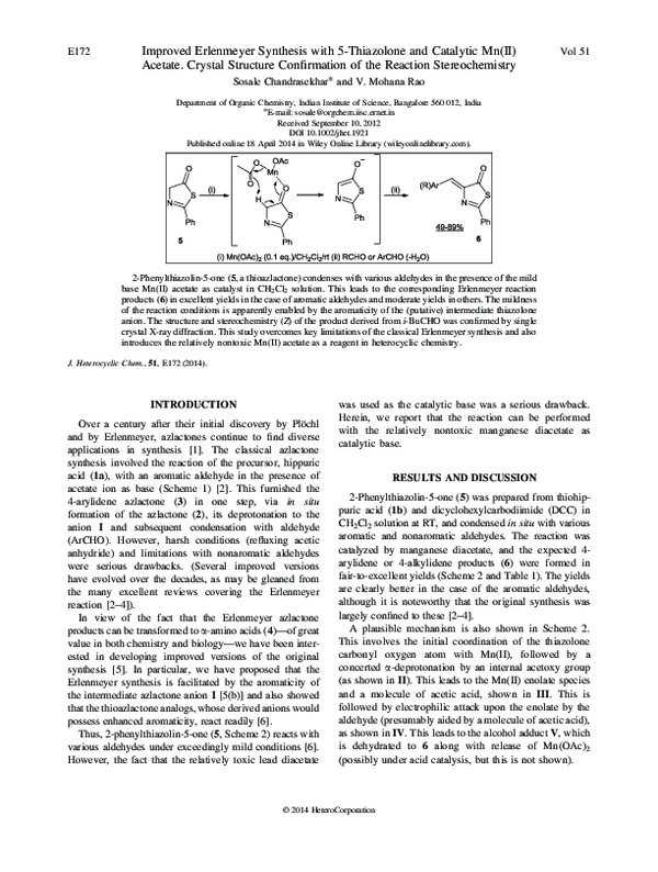 (PDF) Improved Erlenmeyer Synthesis with 5-Thiazolone and Catalytic Mn ...