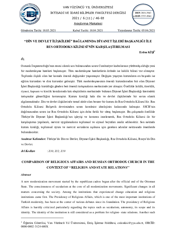(PDF) Di̇n Ve Devlet İli̇şki̇leri̇nde Türki̇ye Di̇yanet İşleri̇ Başkanliği Ve Rus Ortodoks ...