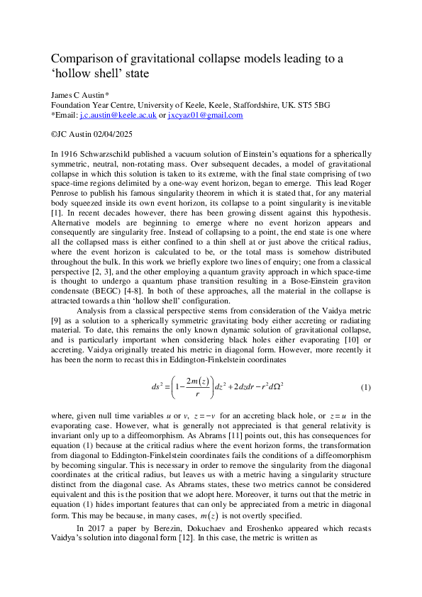 (PDF) Comparison of gravitational collapse models leading to a 'hollow shell' state