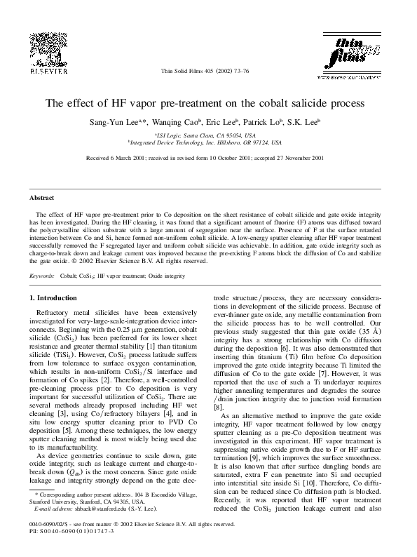 (PDF) The effect of HF vapor pre-treatment on the cobalt salicide process